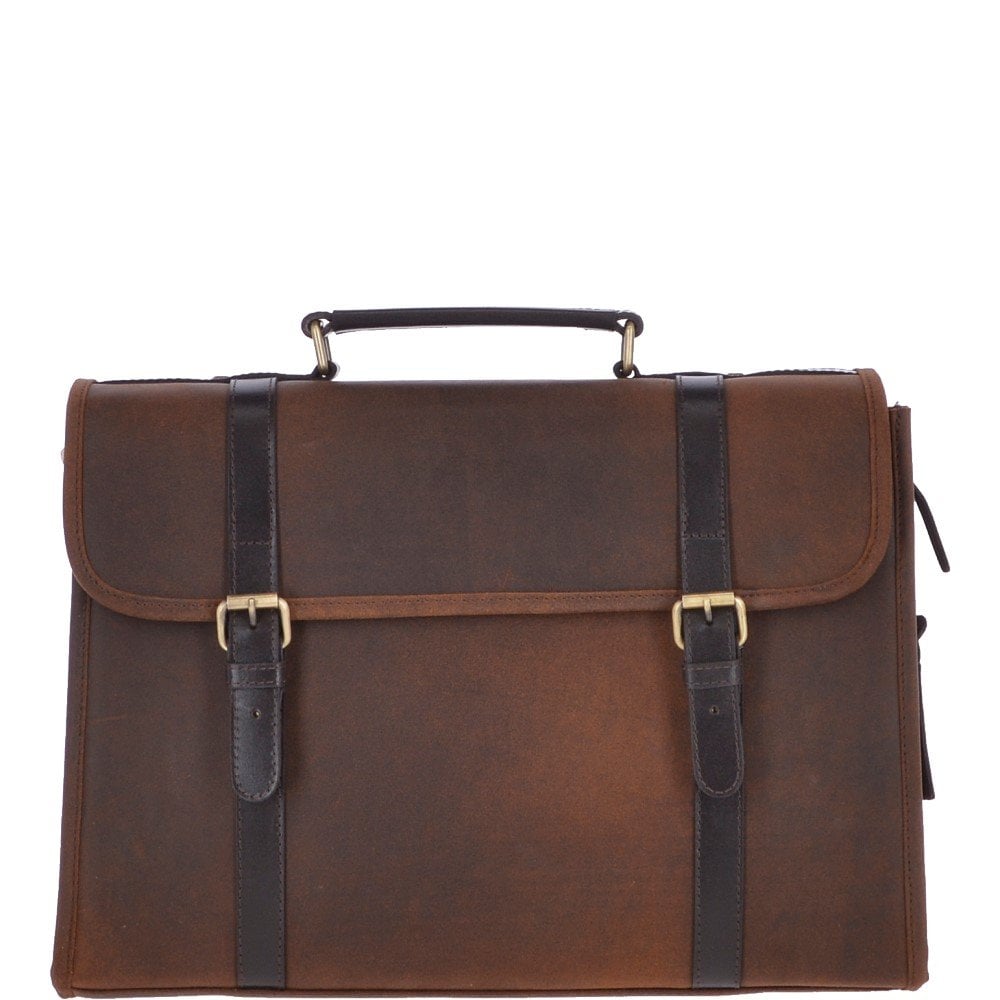 Oily Buff Brown Leather Large Briefcase with Detachable Shoulder Strap ...