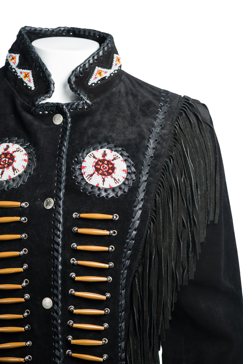 Women's Black Suede Native American Style Jacket with Fringe and Beads ...