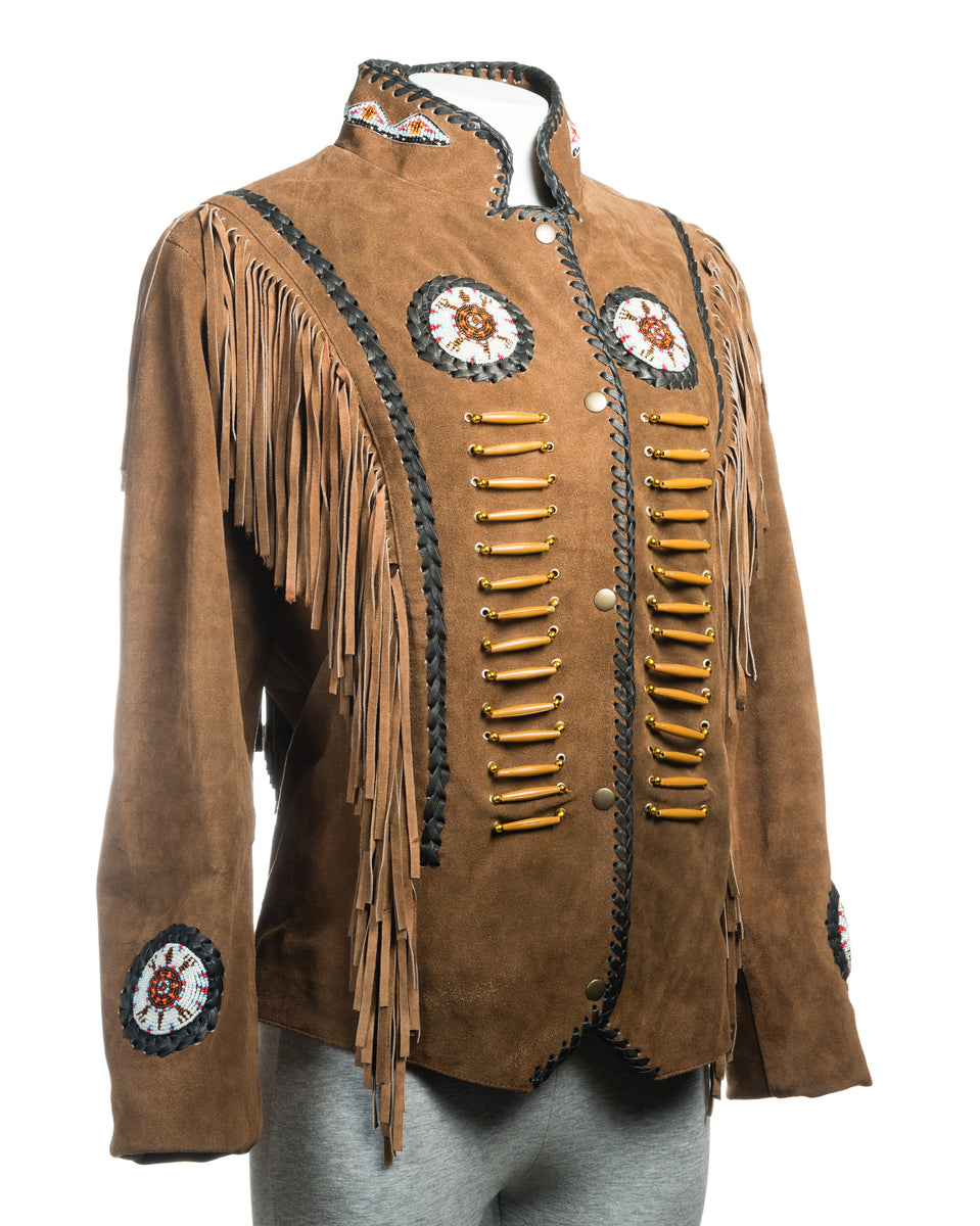 Women's Suede Native American Style Jacket with Fringe and Beads - Nav ...